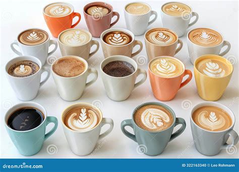 Assorted Coffee Cups With Different Types Of Coffee Showcasing A