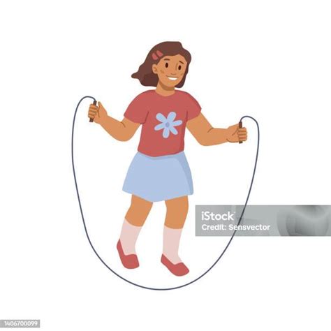 밧줄에 뛰어 오르는 어린 웃는 소녀는 고립 된 평평한 만화 캐릭터 벡터 행복한 유치원 여성 로프를 건너 뛰고 야외 스포츠 활동