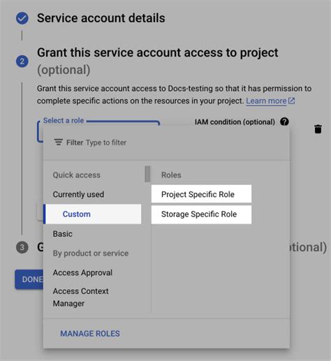 Select The Project Specific And Storage Specific Roles From The List