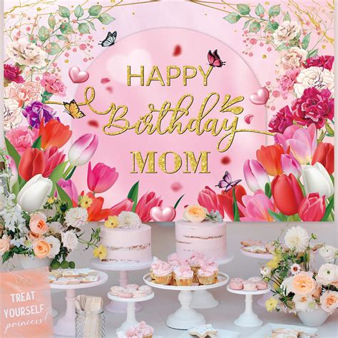 Happy Birthday Mom Banner Backdrop 7x5ft Pink Flowers