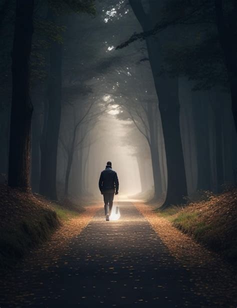 Premium AI Image There Is A Picture Of A Man Walking Down The Path With A Light At The End