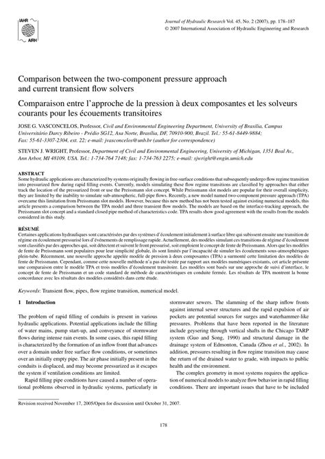 Pdf Comparison Between The Two Component Pressure Approach And Current Transient Flow Solvers