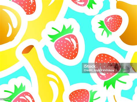 배 바나나 딸기를 사용한 매끄러운 패턴 딸기 바나나 배의 여름 과일과 베리 믹스는 3d 스타일의 스트로크입니다 인쇄 직물 및 포스터를 위한 디자인 벡터 그림 3차원 형태에