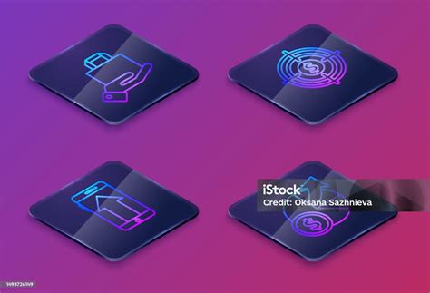 아이소메트릭 라인 손과 종이 쇼핑백 스마트폰 휴대폰 달러와 돈으로 타겟 다이어그램 그래프를 설정합니다 파란색 사각형 버튼입니다 벡터 3차원 형태에 대한 스톡 벡터 아트 및