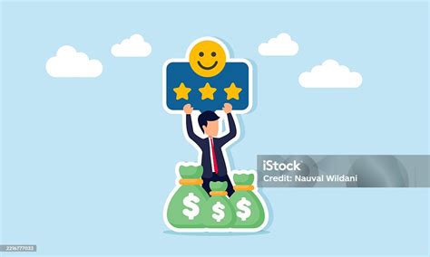 여러 개의 돈 가방을 가진 사업가 별 3개가 있는 보드와 좋은 리뷰와 높은 수익에 대한 행복한 이모티콘 그림을 들고 있습니다 개발에 대한 스톡 벡터 아트 및 기타 이미지
