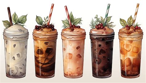 Premium Photo Hand Drawn Watercolor Set With Coffee Drinks For Cafe