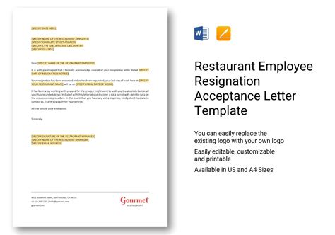 Restaurant Employee Resignation Acceptance Letter Template