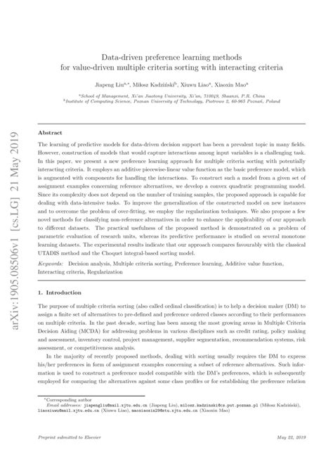 Data Driven Preference Learning Methods For Value Driven Multiple Criteria Sorting With