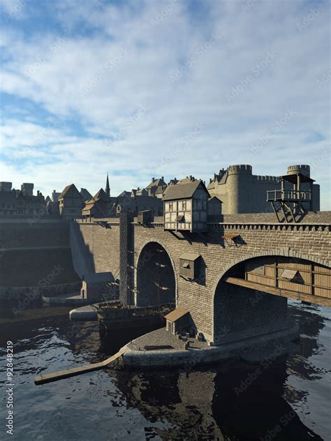 Illustration Of An Old European Medieval Bridge With Gatehouse And Half