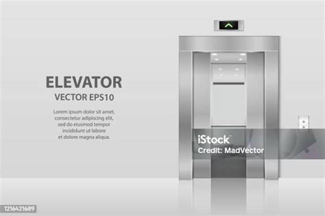 벡터 3d 현실적인 빈 빈 열기 및 폐쇄 강철 크롬 실버 금속 사무실 건물 리프트 엘리베이터 문 회색 벽에 버튼 바닥 인테리어 모형입니다 비즈니스 개념입니다 정면 보기