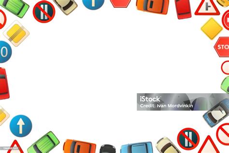 도로 표지판 수평 테두리 자동 트래픽 배경입니다 지정하고 제한합니다 위에서 보기 상단보기 만화 재미있는 스타일 플랫 디자인 흰색으로 격리됩니다 일러스트 벡터 0명에 대한