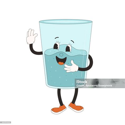 물 유리 복고풍 만화 마스코트입니다 고무 호스 애니메이션 스타일의 그루비 캐릭터를 마신다 물을 더 많이 마신다 생태 및 웰빙