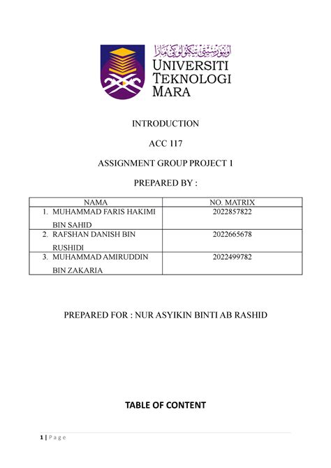 Assignment Acc Tutorial Introduction Acc 117 Assignment Group Project 1 Prepared By Nama