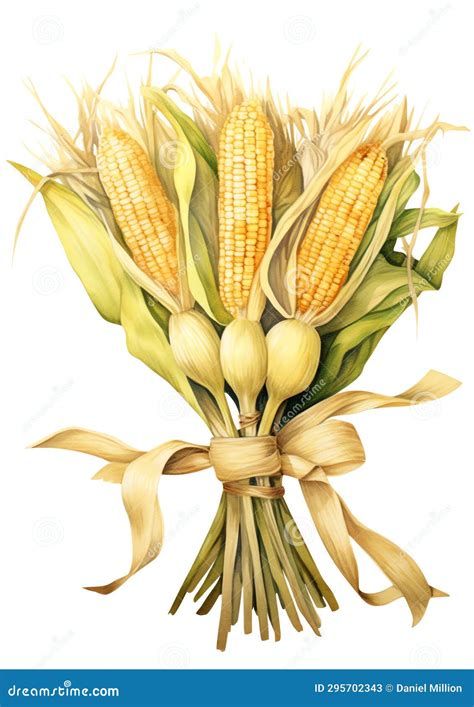 Bundle Of Corn Stalks Tied With A Bow Watercolor Border Frame Stock