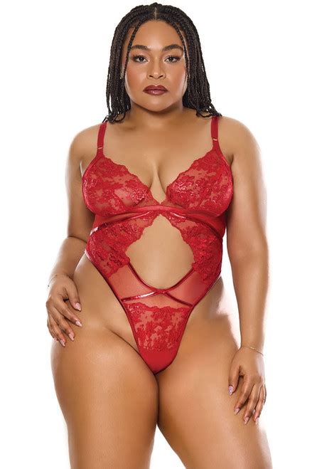 Plus Size Spiced Up Red Metallic And Embroidered Lace Lingerie Teddy