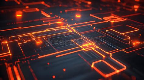 High Detail Orange Glowing Circuit Board Digital Technology Futuristic Structure Background