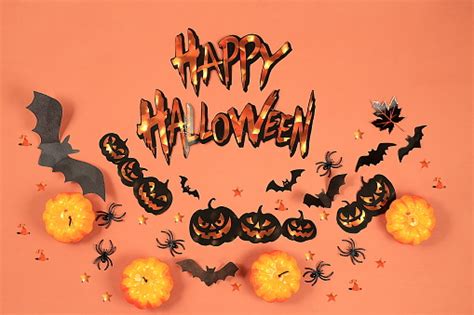 행복한 할로윈 개념 축하와 배경 호박 거미와 박쥐 상단보기 인사말 카드 또는 배너 감사에 대한 스톡 사진 및 기타 이미지 감사 개념 거미 Istock