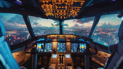 A Flight Simulator With Realistic Controls And Virtual Displays Representing Stock Illustration