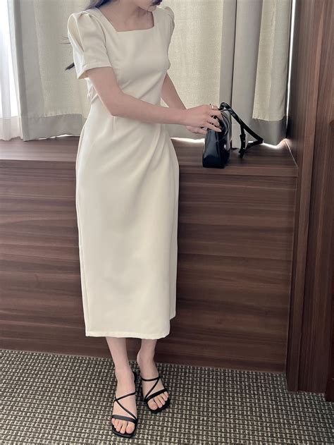 루엣 💐하객룩 Made 클레어 스퀘어넥 반팔 긴팔 핀턱 퍼프 허리끈 롱 H라인 원피스