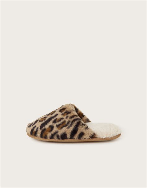 Dana Leopard Faux Fur Mule Slippers Natural