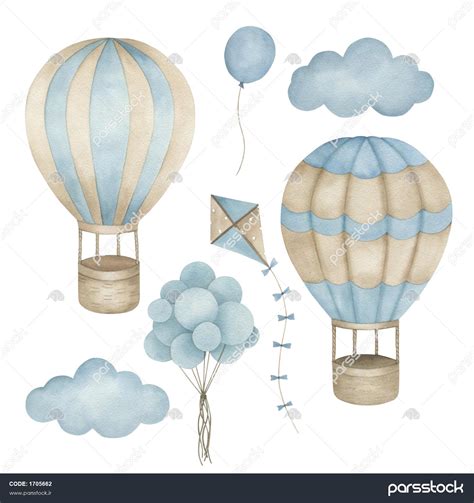 مجموعه آبرنگ با بادکنک هوای گرم ابر و بادبادک تصویر جدا شده قدیمی نقاشی