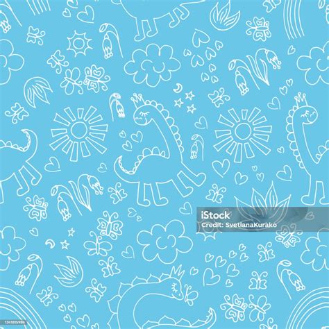 손으로 스케치 핑크 디노 벡터 원활한 패턴 어린이 용 컨셉의 티셔츠 프린트 핑크 디노 로고 타입 배지 아이콘 공룡 로고 배너