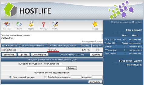 Hostlife Mysql Экспорт резервной копии базы данных