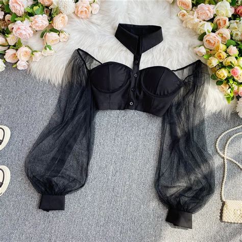 Autumn Sexy Cropped Tops For Women Off Shoulder Mesh Patchwork Sheer