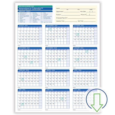 Downloadable Employee Attendance Calendar