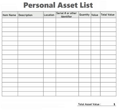 Personal Asset List Template Free List Templates In Ms Word Excel