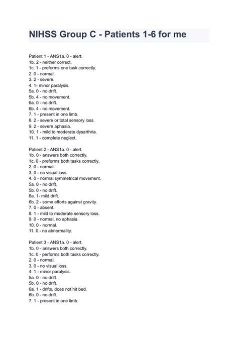 Nihss Group C Patients 1 6 For Me 20242025 Already Graded A Nih Stroke Scale Nhiss