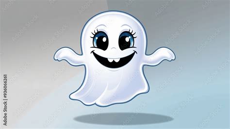 Cartoon Style Ghost With White Translucent Body Large Black Eyes With Blue Irises Cheerful