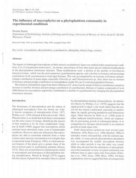 Pdf The Influence Of Macrophytes On A Phytoplankton Community In Experimental Conditions