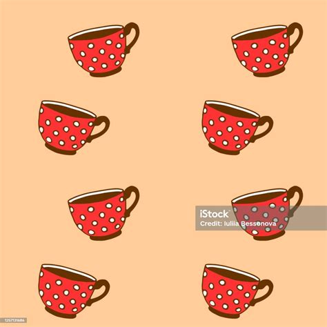 빨간색 물방울 무늬 컵이 있는 매끄러운 패턴 뜨거운 음료의 머그잔으로 배경과 질감을 벡터 손으로 그린 부엌 은 고립 된 공급