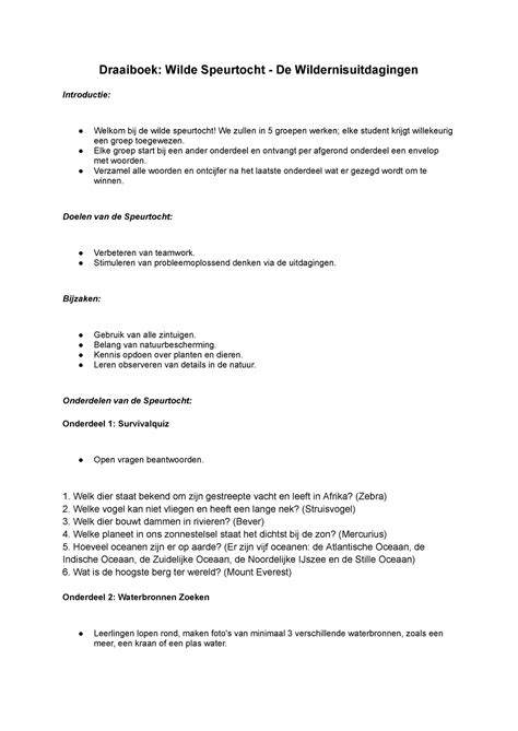 Draaiboek Klassenactiviteit Stage Draaiboek Wilde Speurtocht De Wildernisuitdagingen