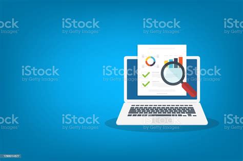 데이터 분석 랩톱 컴퓨터의 데이터 보고서 재무 감사 연구 분석 분석 문서 웹 보고서 통계 평가 벡터 일러스트레이션 개선에 대한 스톡 벡터 아트 및 기타 이미지 Istock
