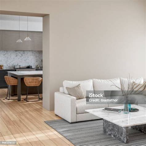 소파 장식 벽난로가 있는 아늑하고 고급스럽고 현대적인 거실의 측면 모습 전면에 커다란 빈 벽 배경 0명에 대한 스톡 사진 및 기타 이미지 Istock