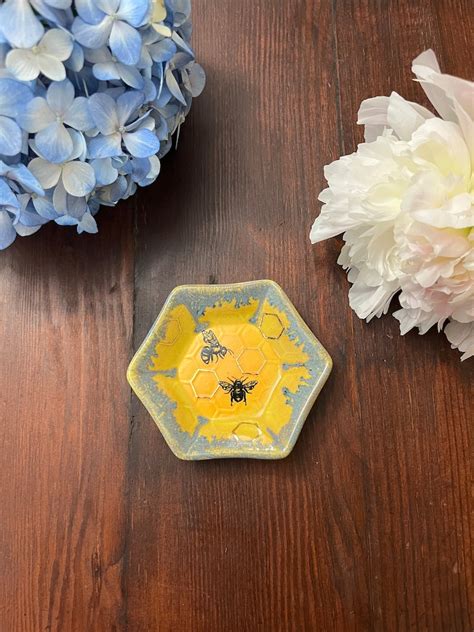 Ceramic Hexagon Shaped Bees Trinket Dish Etsy