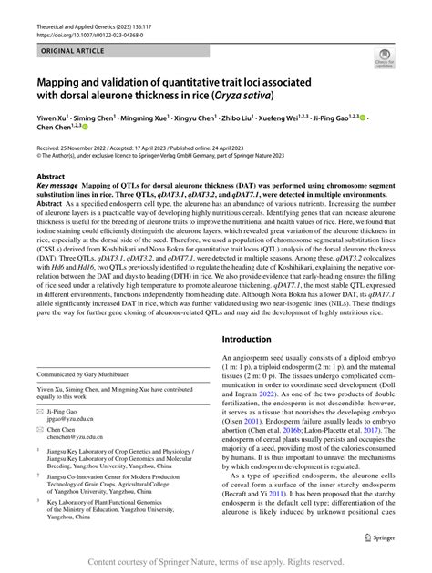 Mapping And Validation Of Quantitative Trait Loci Associated With Dorsal Aleurone Thickness In