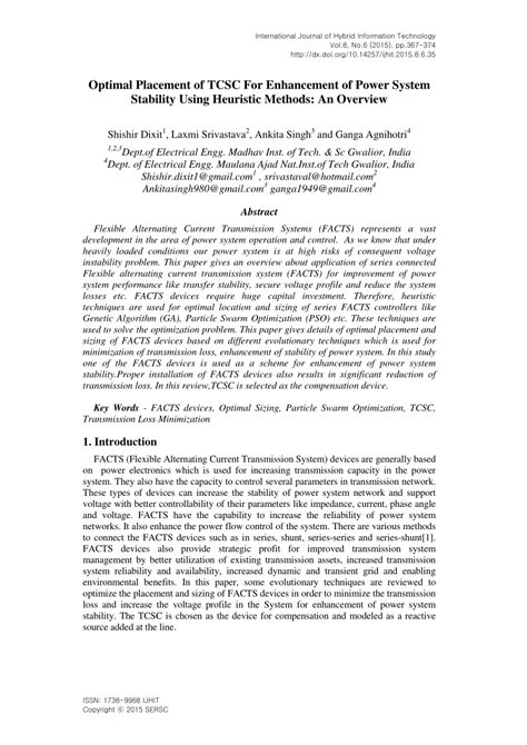 Pdf Optimal Placement Of Tcsc For Enhancement Of Power System