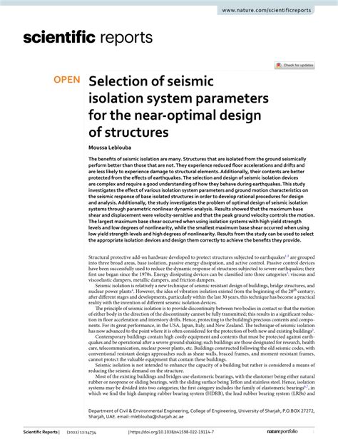 Pdf Selection Of Seismic Isolation System Parameters For The Near