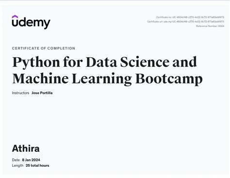 Completed Python For Data Science And Machine Learning Bootcamp Athira S Posted On The Topic