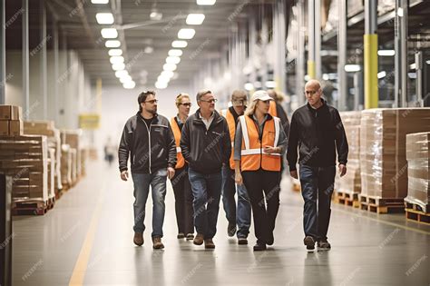 Premium Ai Image Warehouse Employees Walking Through Aisle And Talking Generative Ai