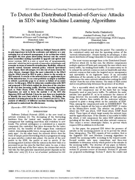 To Detect The Distributed Denial Of Service Attacks In Sdn Using