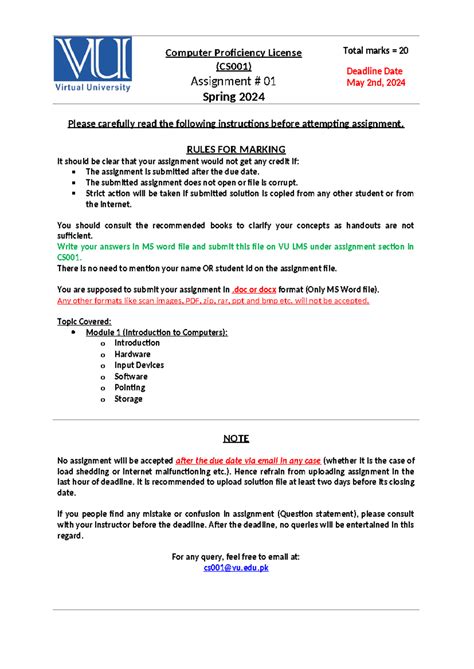 Spring 2024 CS001 1 Computer Proficiency License CS 001 Assignment 01 Spring 2024 Total