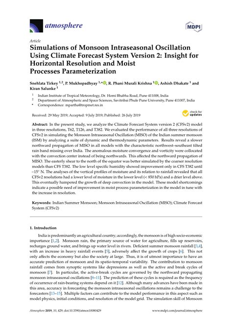 Pdf Simulations Of Monsoon Intraseasonal Oscillation Using Climate Forecast System Version 2