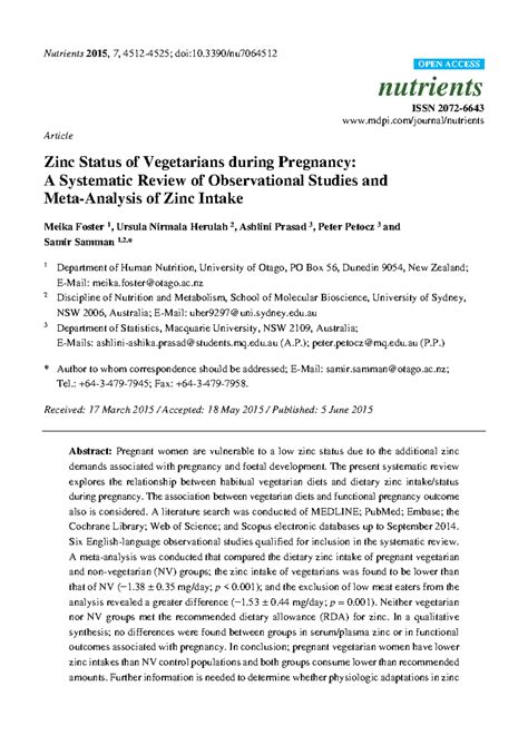Zinc Status Of Vegetarians During Pregnancy Nutrients 2015 7 4512