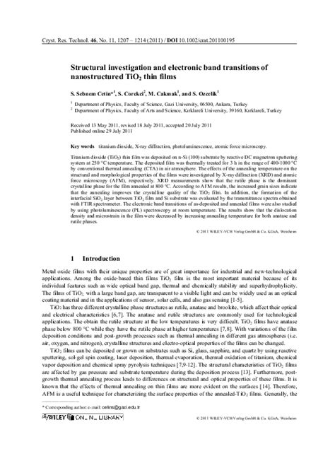Pdf Structural Investigation And Electronic Band Transitions Of Nanostructured Tio2 Thin Films