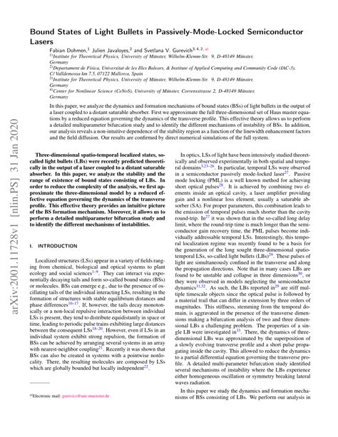 Pdf Bound States Of Light Bullets In Passively Mode Locked Semiconductor Lasers