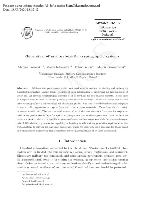 Pdf Generation Of Random Keys For Cryptographic Systems